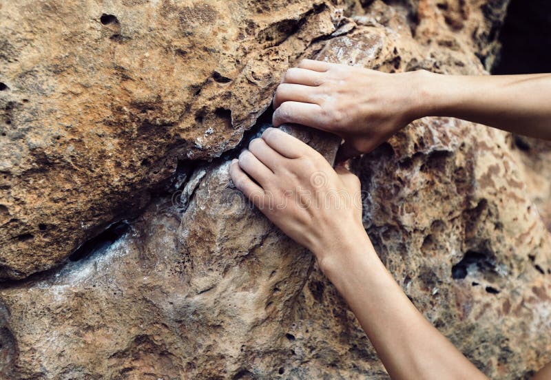Climber Hands Climbing on Cliff Edge Stock Photo - Image of endurance ...