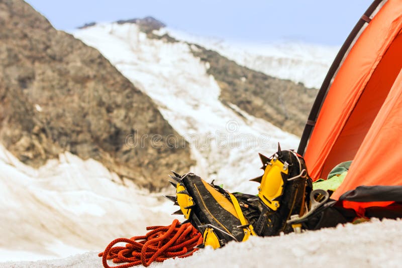 The Climber Has Resting in Tent High in Mountains Stock Image - Image ...