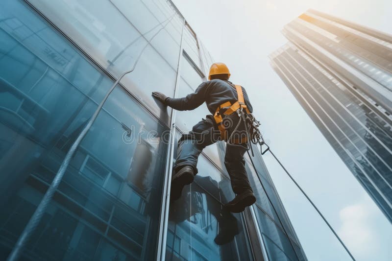 A Man is Climbing Up the Side of a Tall Building Stock Photo - Image of ...