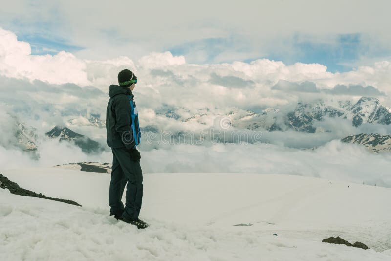 Climber High in the Snowy Mountain Peaks. Stock Image - Image of travel ...