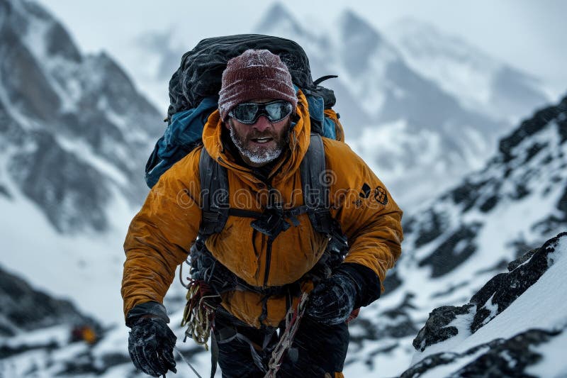 Climber with Icy Beard Ascending Snowy Mountain Stock Illustration ...