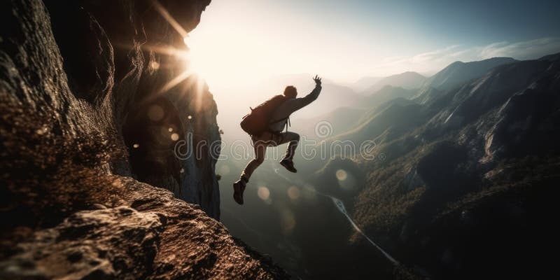 Climber Jumping Off a Mountain Cliff. Generative AI Stock Illustration ...