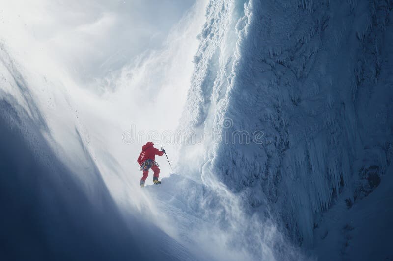 A Climber Navigating a Snowy, Icy Landscape with Dramatic Light and ...