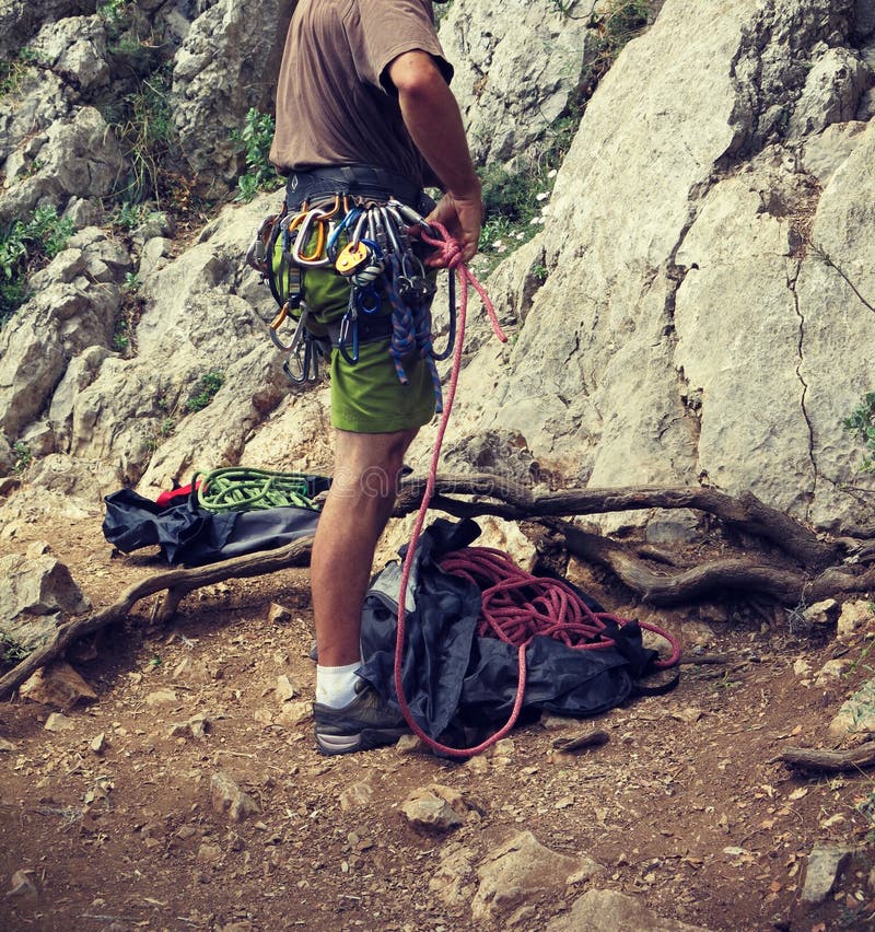 Climber Preparing His Equipment Stock Photo - Image of climber, person ...