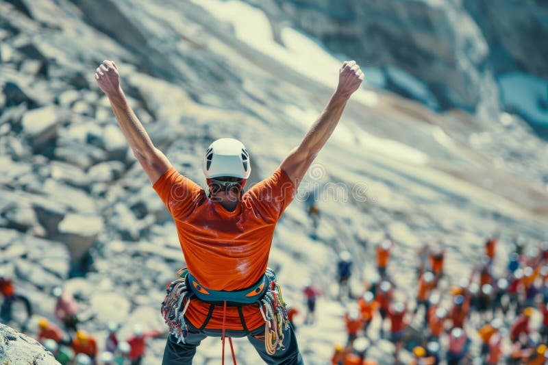 Climber Reaching the Summit with Arms Raised in Victory Concept of ...