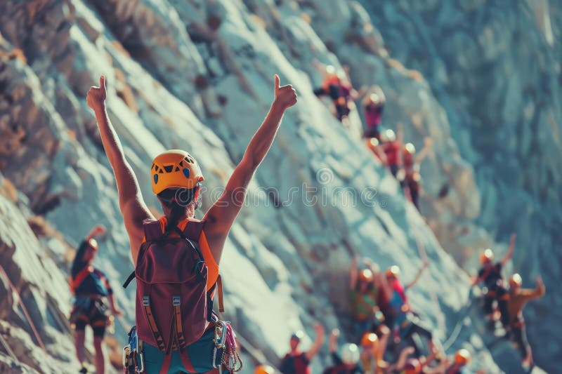Climber Reaching the Summit with Arms Raised in Victory Concept of ...