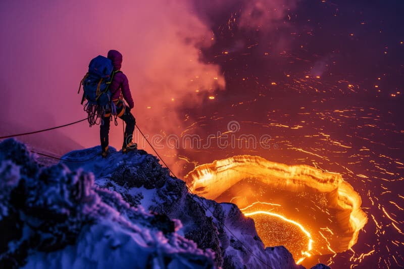 Climber Reaching Summit with a Glowing Crater Background Stock Photo ...
