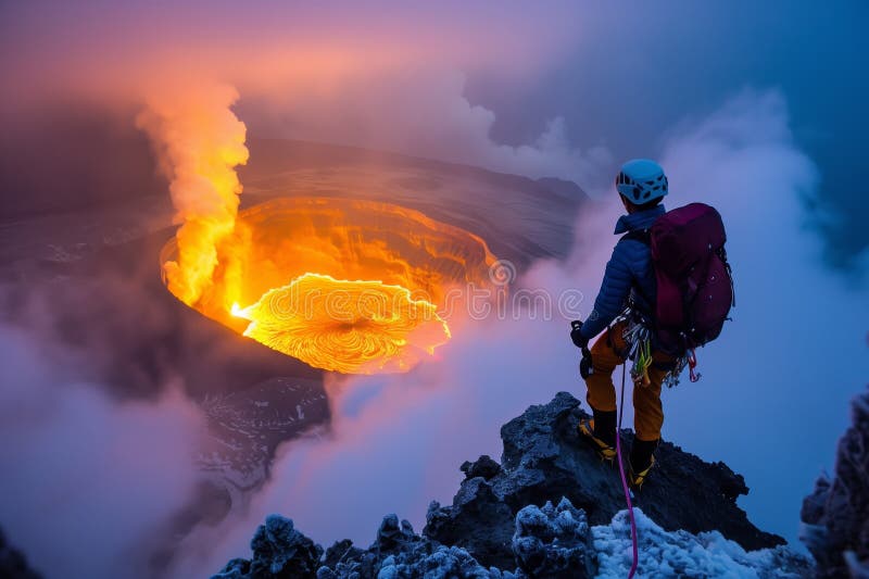 Climber Reaching Summit with Glowing Volcanic Crater in Background ...