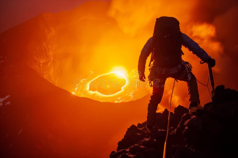 Climber Reaching Summit with Glowing Volcanic Crater in Background ...