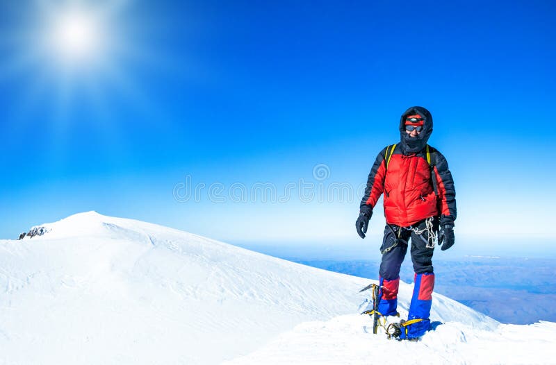 A Climber Reaching the Summit of the Mountain Stock Image - Image of ...