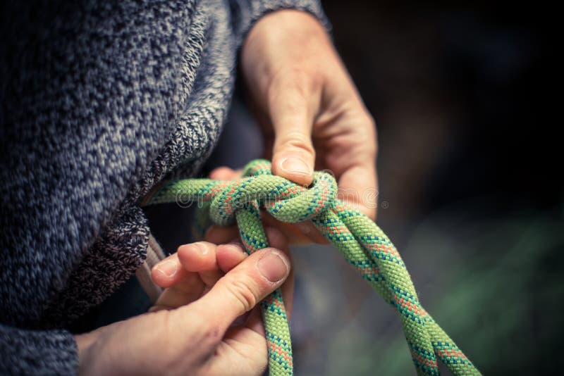 Climber`s Hands Tying a Figure Eight Know To the Harness Stock Image ...