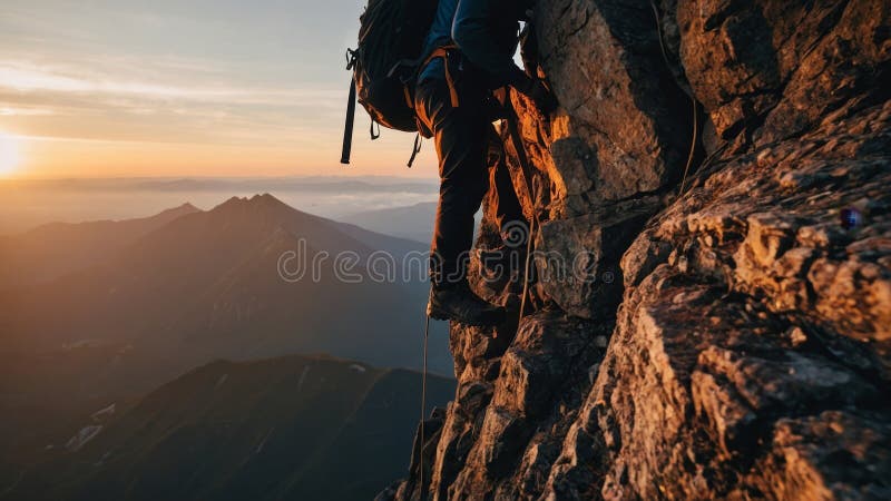 Climber Scaling a Mountain at Sunset Stock Illustration - Illustration ...