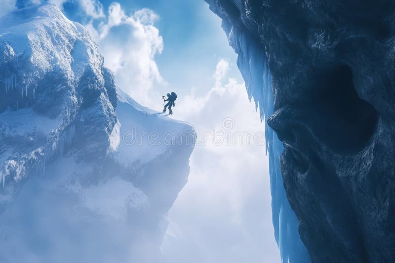 Climber Scaling a Steep Icy Mountain Peak Under a Clear Blue Sky Stock ...