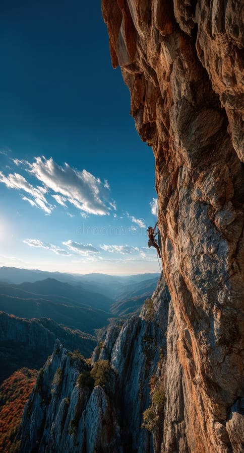 Climber Scaling Vertical Cliff Wall Against Expansive View of Blue Sky ...