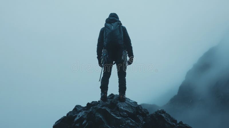 Climber Stands Alone on Foggy Mountain Peak Stock Illustration ...
