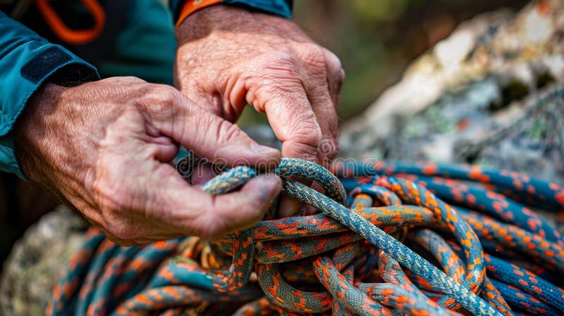 Climber Tying Knot in Climbing Rope for Safety Stock Image - Image of ...