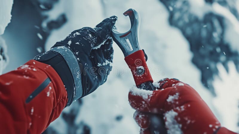 Climber Grips an Ice Tool Amidst a Snowy Mountain Landscape during an ...