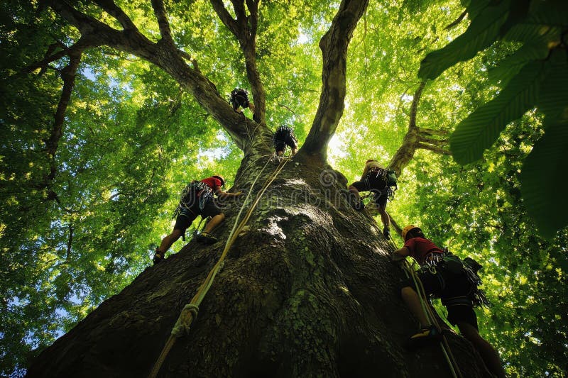 Climbers Ascending a Massive Tree Trunk Stock Illustration ...