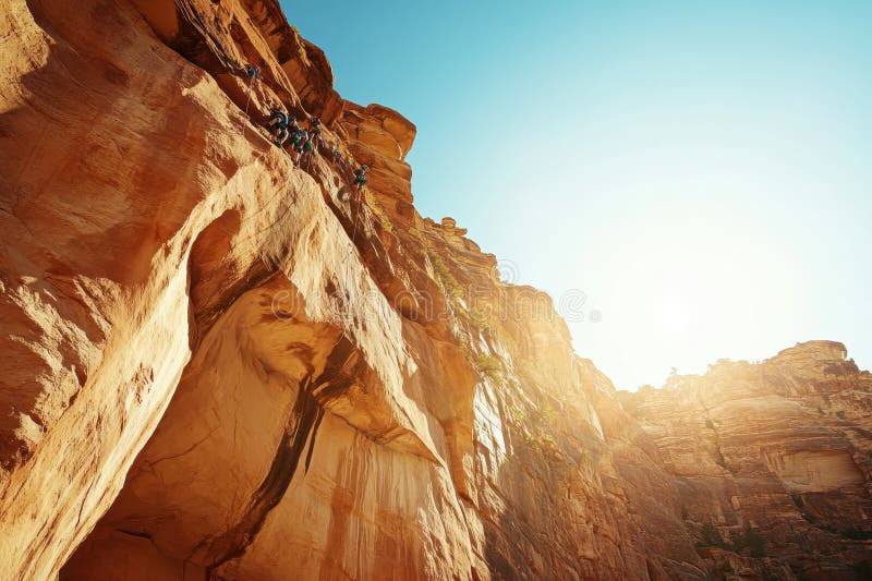Climbers Ascending a Steep Sandstone Cliff Face Stock Illustration ...