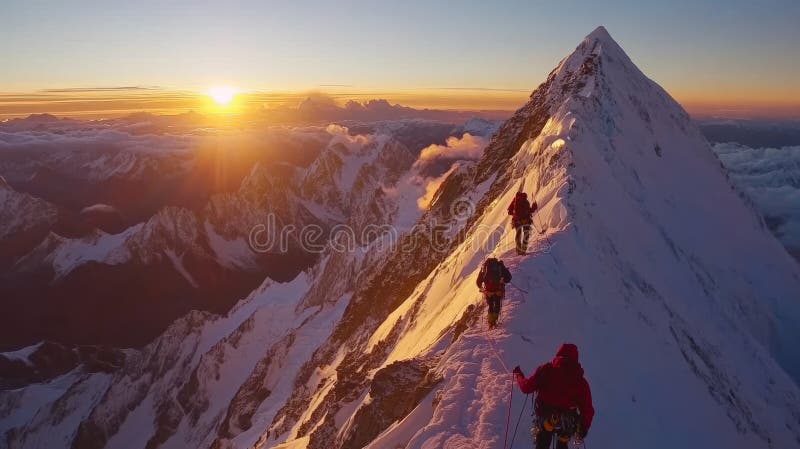 Climbers Navigating a Stunning Mountain Summit at the Break of Dawn S ...