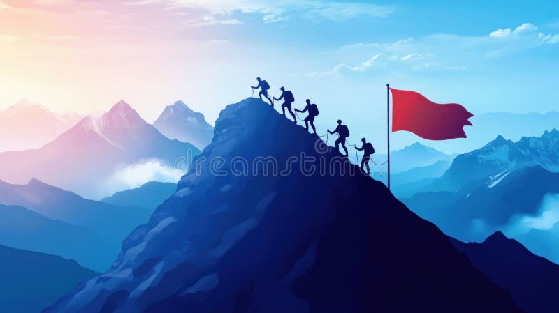 Climbers Reaching Summit with Red Flag, Mountain Landscape Stock Image ...