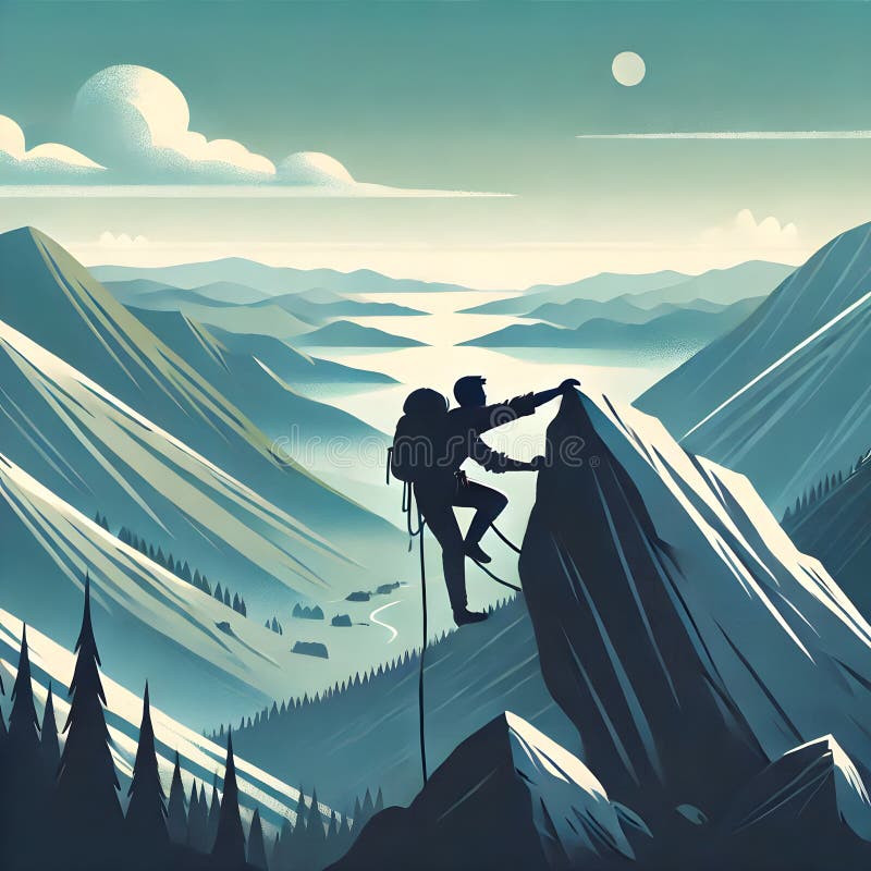 Climbers Scale a Steep Mountain, Reaching for the Next Rock, with a ...