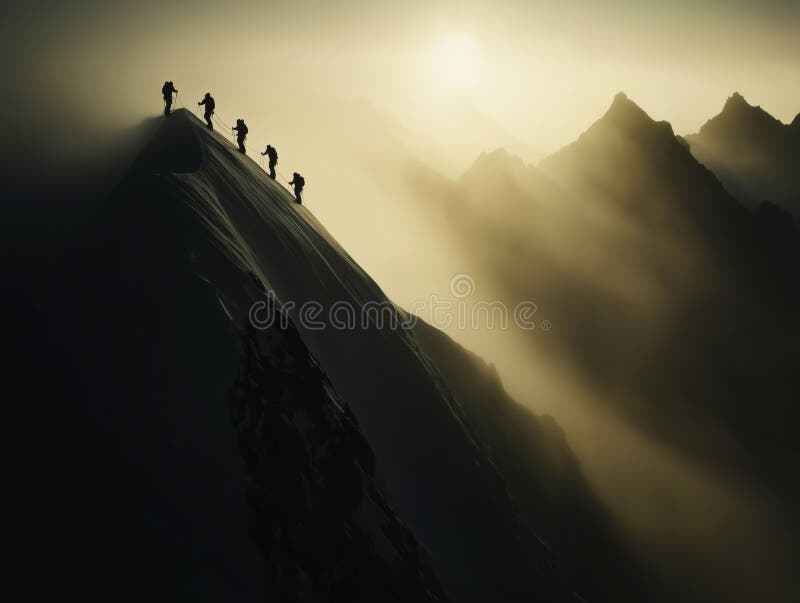 Climbers Striving for the Summit of a High Mountain in a Mist Stock ...
