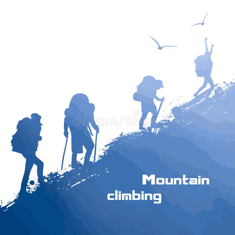 Climbing the Blue Mountain by Tourists. Achieving Success. Vector ...