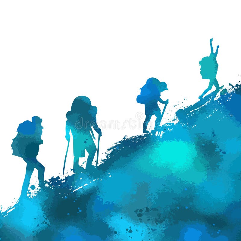 Climbing the Blue Mountain by Tourists. Achieving Success. Vector ...