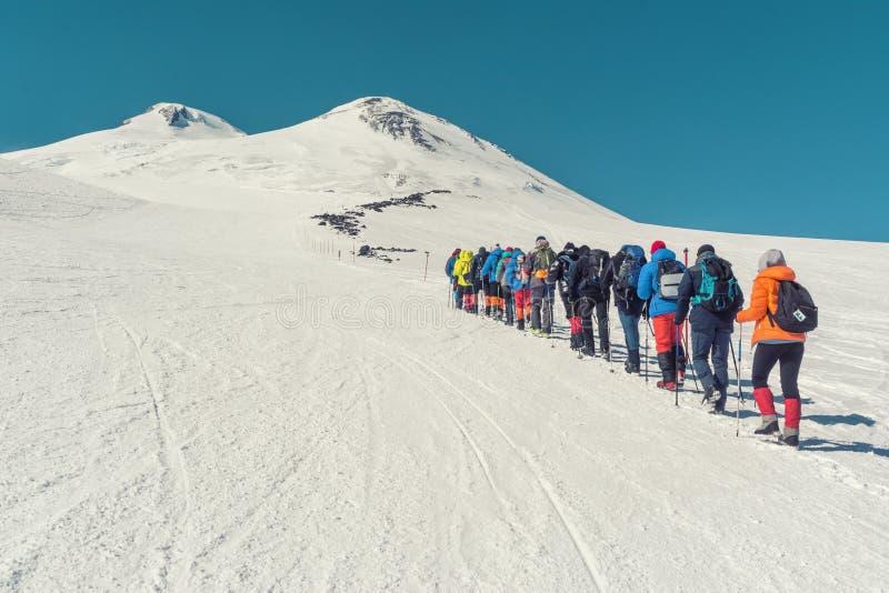 Climbing Elbrus Group of Climbers Goes in the Snow To the Top ...