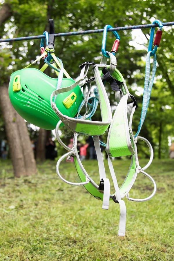 Climbing Equipment Hanging on Rope , Vertical Shot Stock Image - Image ...