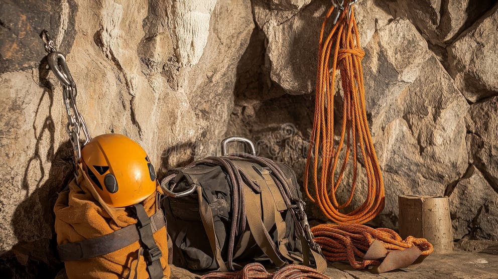 Climbing Equipment, Including a Helmet, Ropes, and a Backpack, Hangs in ...