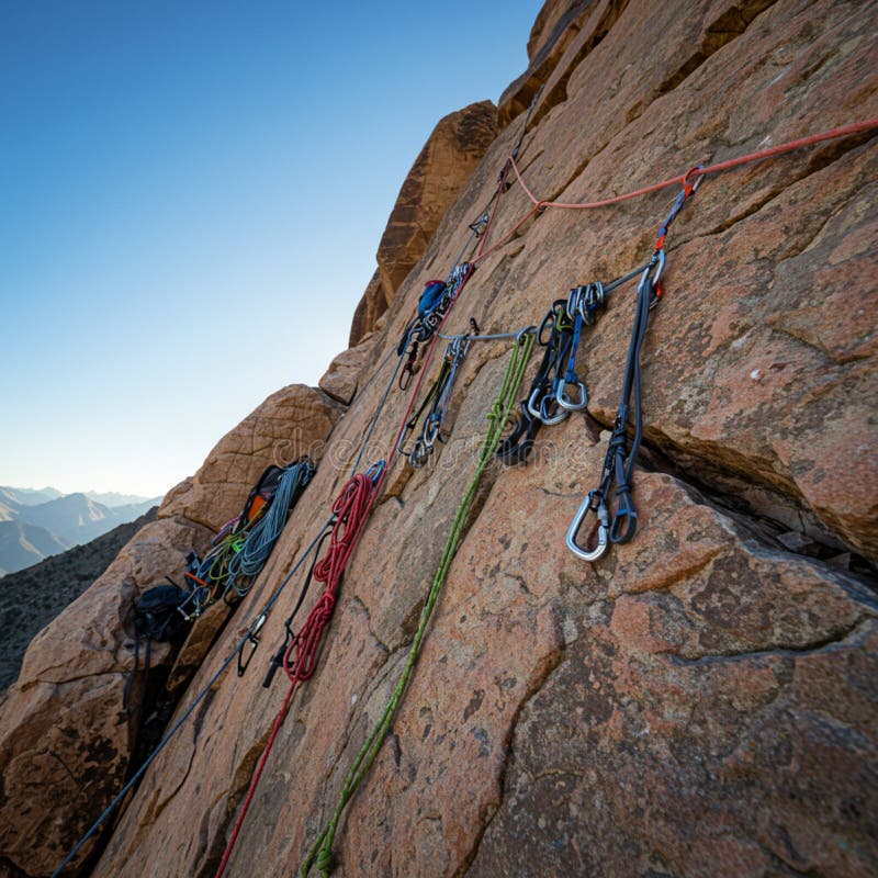 Climbing Gear, Including Various Colored Ropes and Multiple Harnesses ...