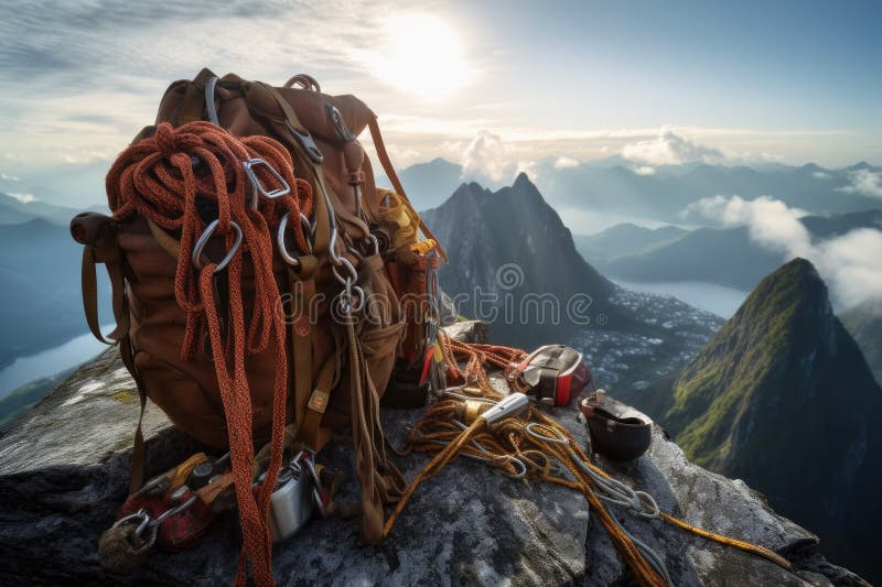 Climbing Gear on a Mountain Peak with a Breathtaking View in the ...