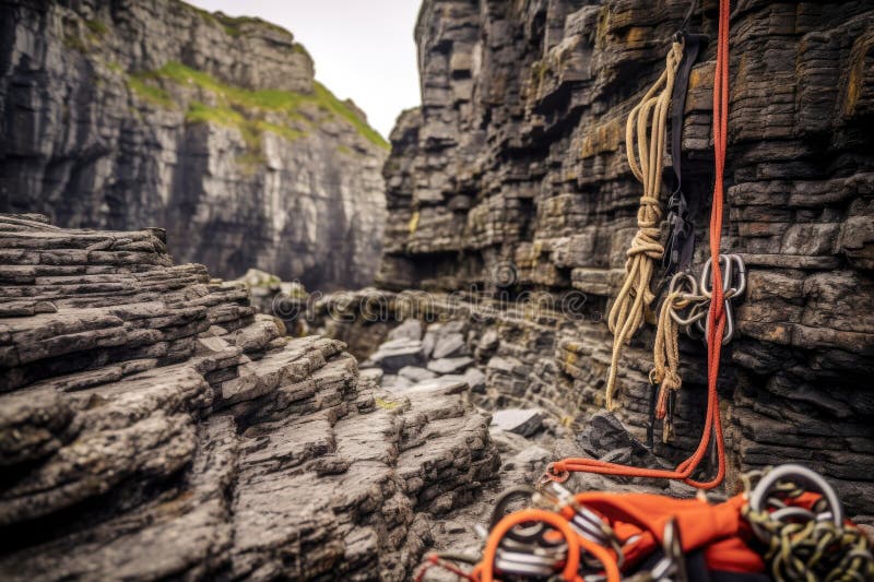 Climbing Gear on Rocky Surface with Cliff Background Stock Image ...