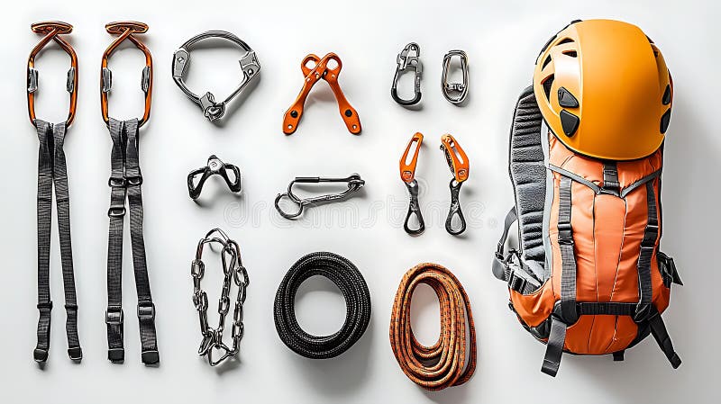 Climbing Gear Setup Including Helmet, Harness, Carabiners, and Ropes ...