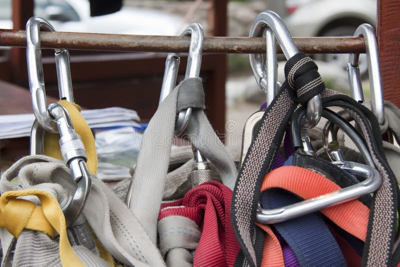 Climbing harness and hooks stock image. Image of pulley - 18252929