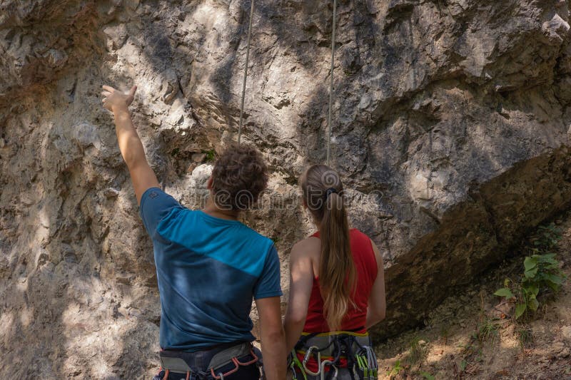 Climbing Instructor Teaching and Showing the Right Direction Stock ...