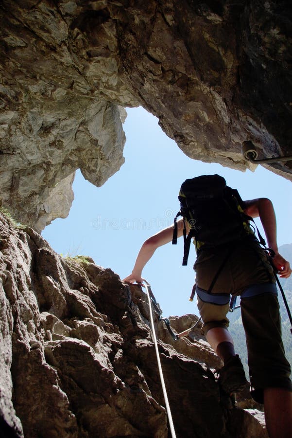 Rock Climber Falling of a Cliff while Lead Climbing. Stock Image ...