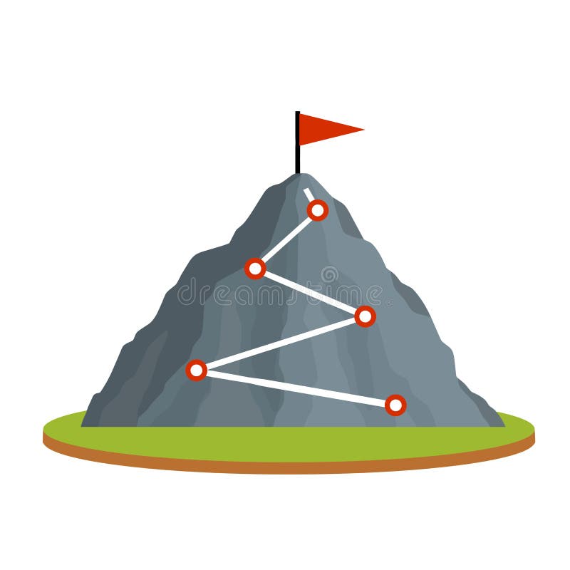 Climbing Mountain with Red Flag. Points and Stage of Route on Green ...