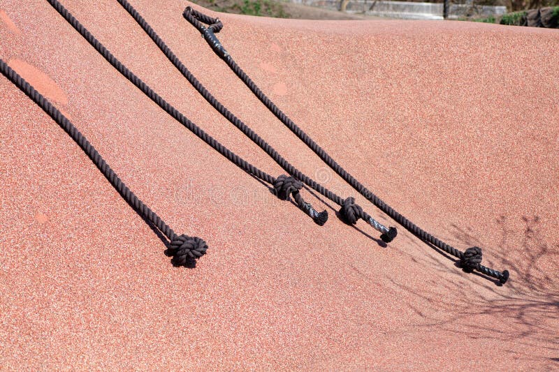 Climbing Ropes with Handles on a Playground Structure in Bright ...