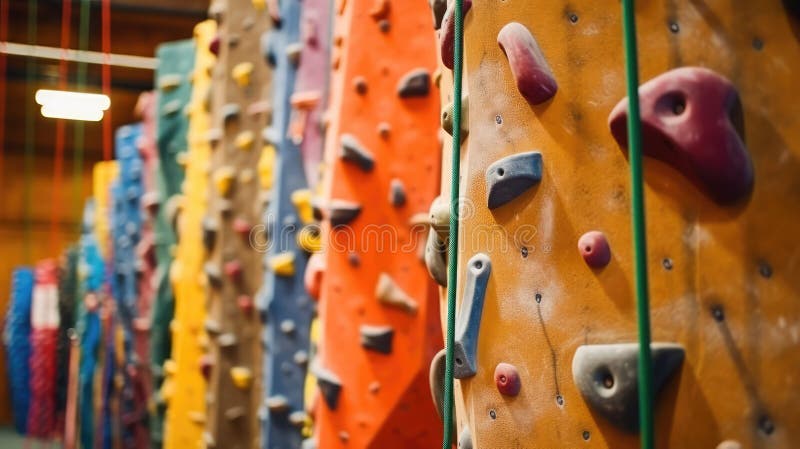Climbing Ropes Hanging in an Indoor Rock Climbing Gym. Generative AI ...
