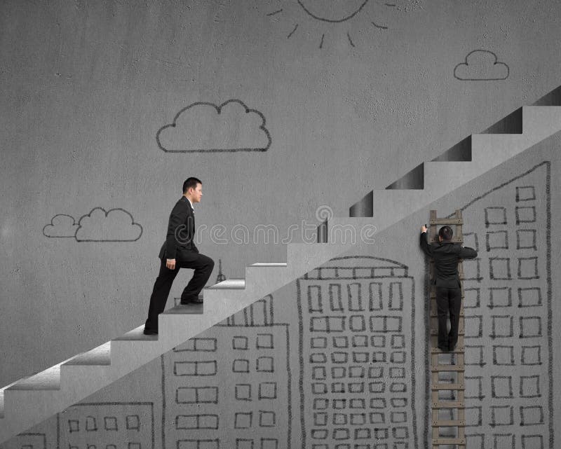 Climbing on Stairs with Man Drawing on Wall Stock Photo - Image of ...