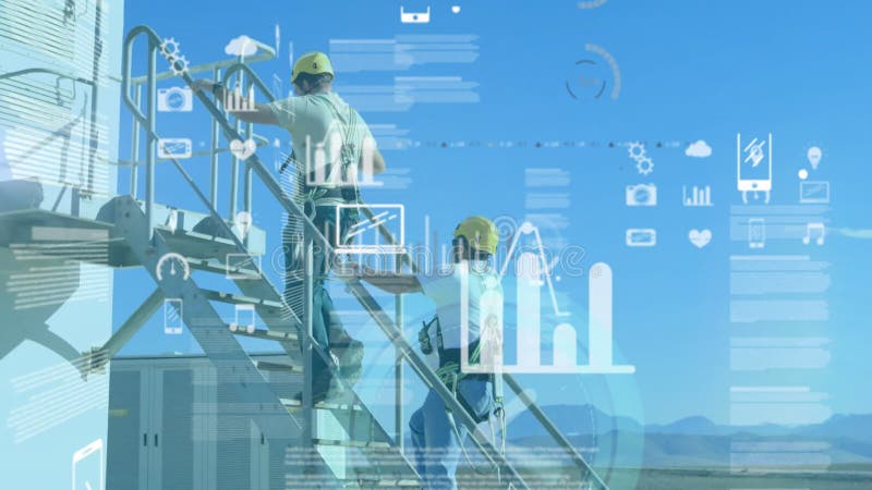 Climbing Stairs, Workers in Safety Gear with Animation of Digital Data ...