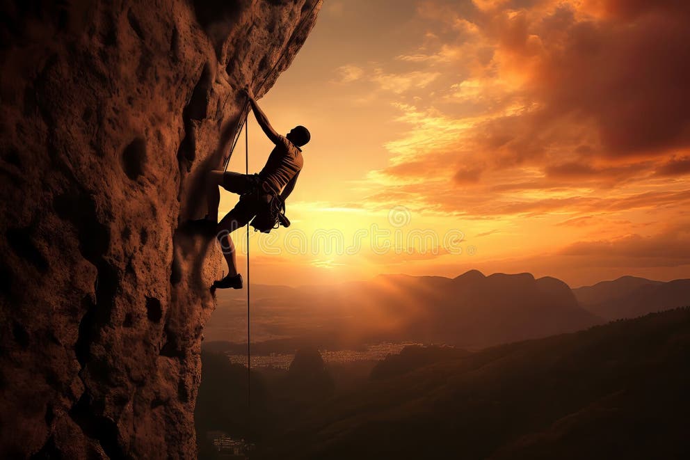 Climbing Sunset Rock. Generate Ai Stock Image - Image of mountaineer ...