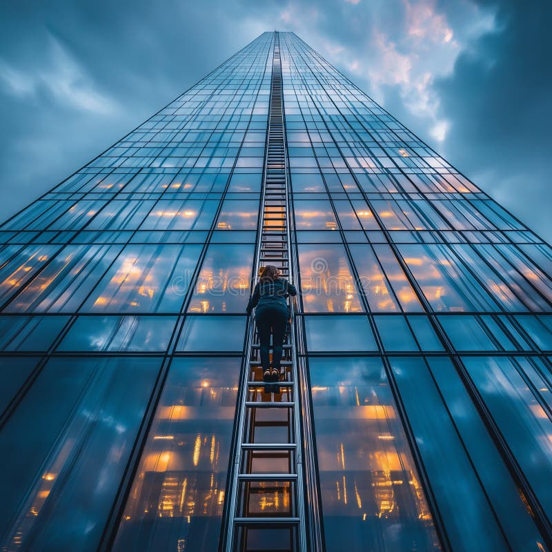 Climbing Toward Success on Skyscraper Ladder Stock Illustration ...
