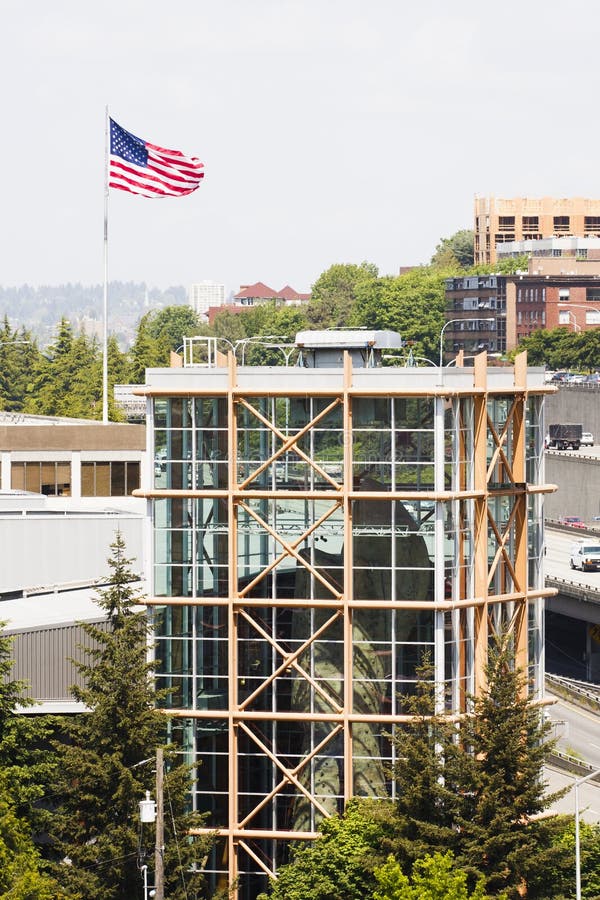 Climbing Wall in Glass Tower with American Flag Stock Image - Image of ...