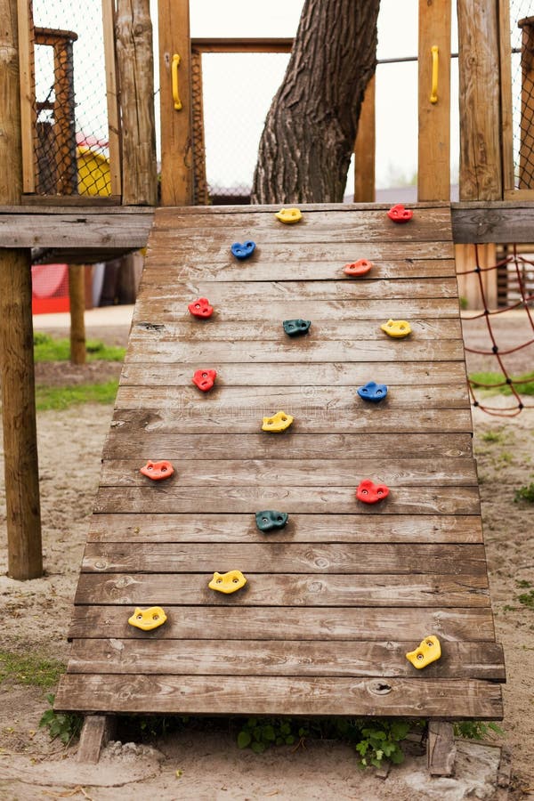 Climbing Wall at Wooden Playground Stock Image - Image of happy ...