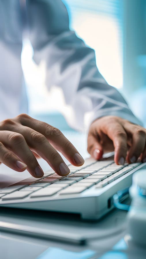 Fingers Typing on a Keyboard in a Clinical Setting Under Soft Light ...