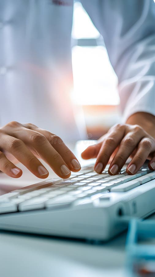 Fingers Typing on a Keyboard in a Clinical Setting Under Soft Light ...